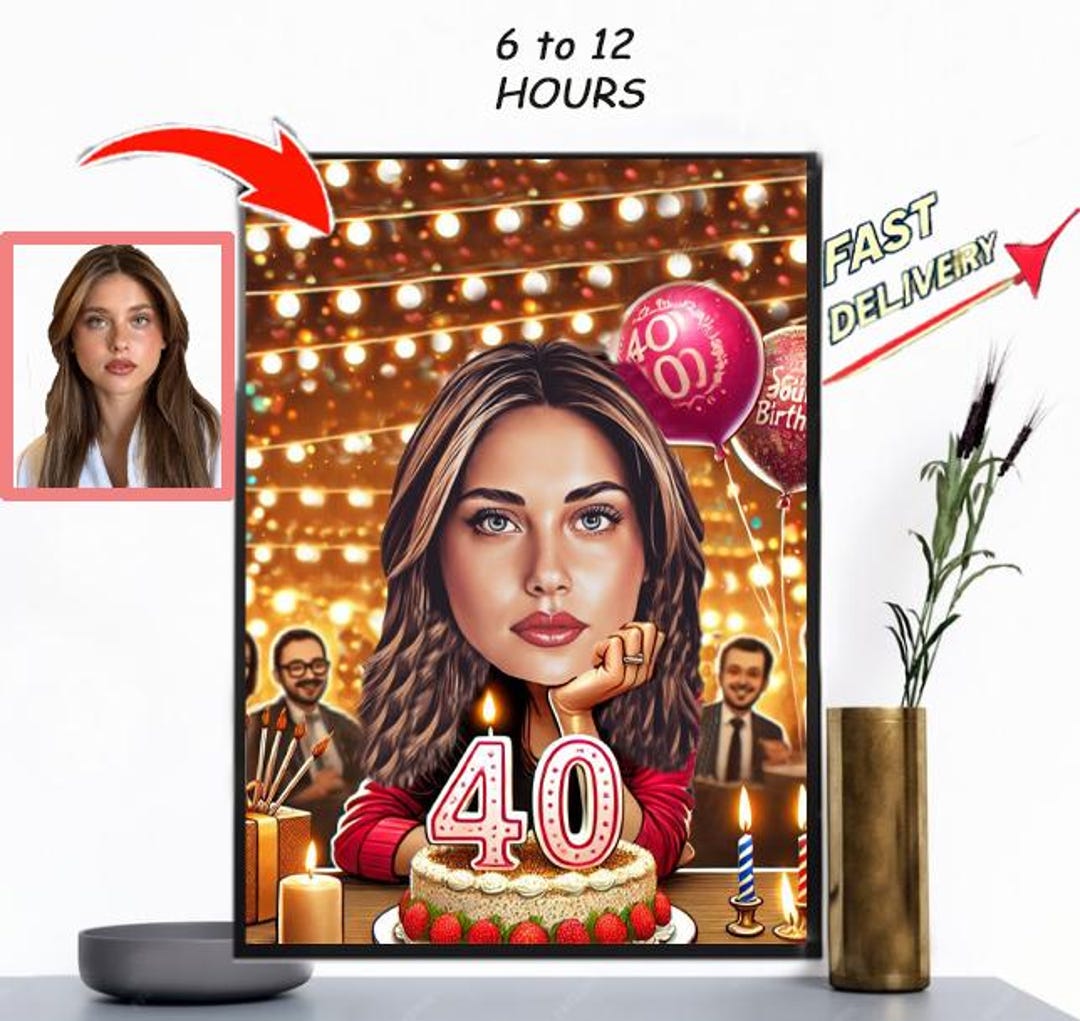 Personalized 40th Women Cartoon Portrait, 40th Birthday Caricature ...