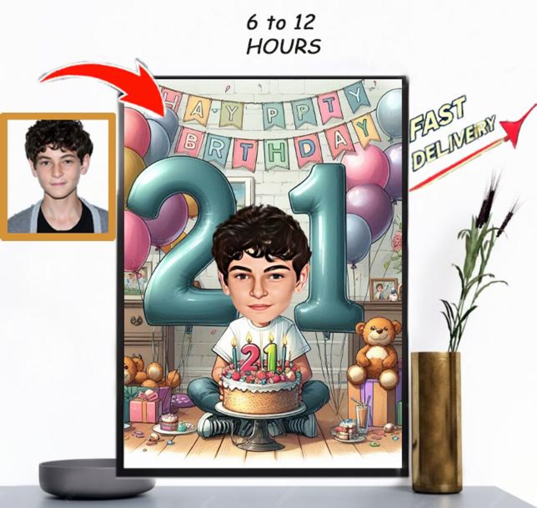 Personalized 21th Boy Cartoon Portrait, 21th Birthday Caricature ...