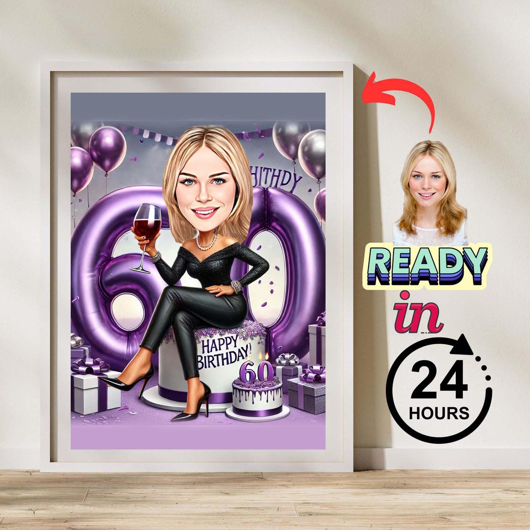 Personalized 60th Women Cartoon Portrait, 60th Birthday Caricature ...