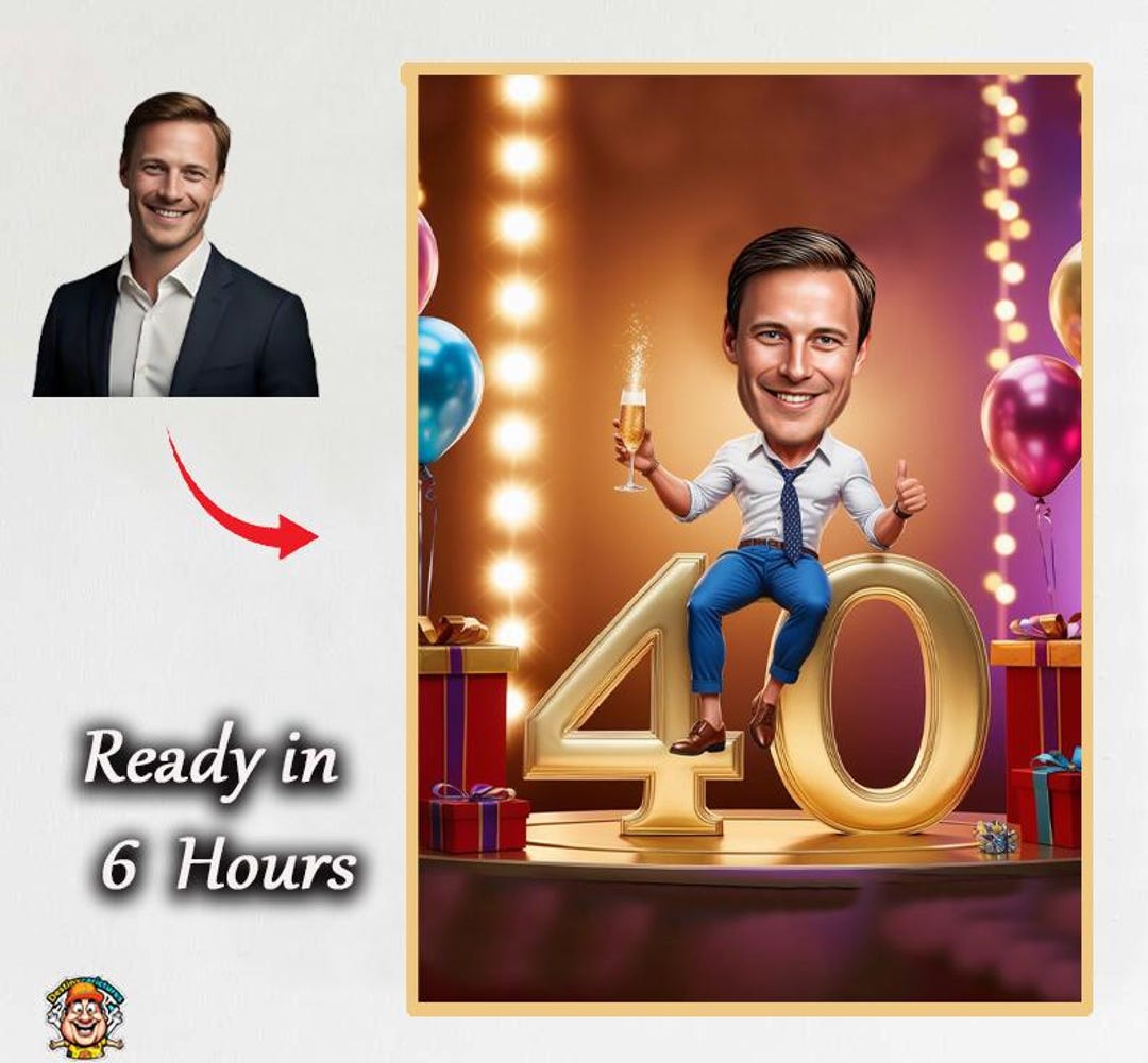 Personalized 40th Men Cartoon Portrait, 40th Birthday Caricature ...
