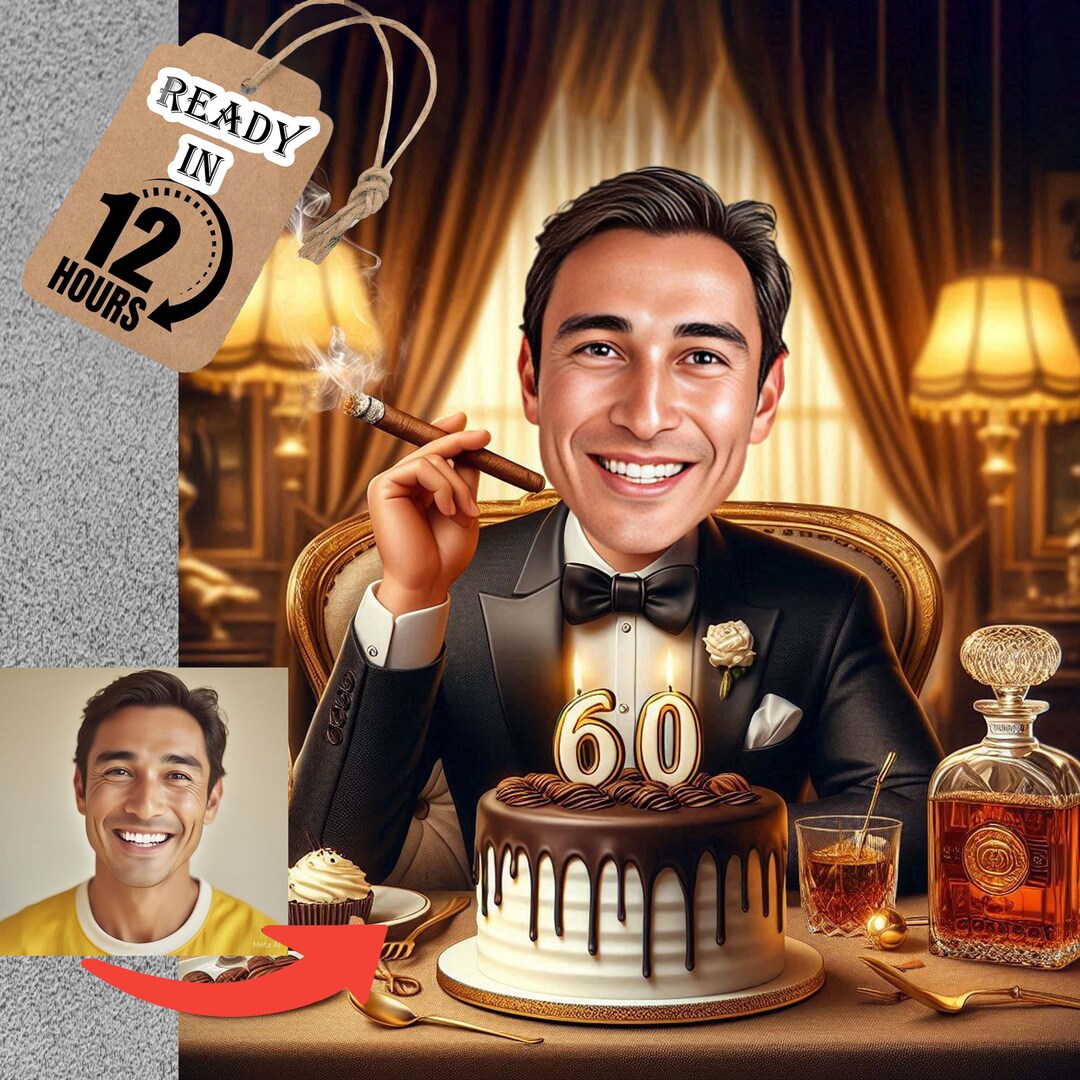 Personalized 60th Men Cartoon Portrait, 60th Birthday Caricature ...