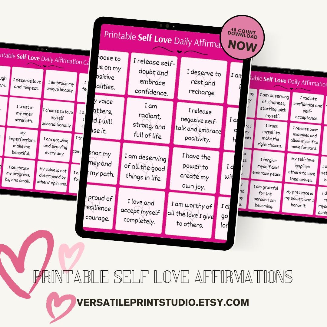 Printable Positive Self Love Affirmation Cards- 48 Count - Etsy