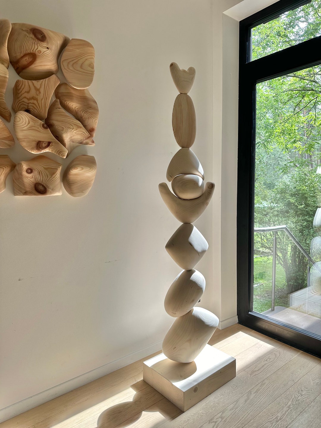 Modern Totem Pole Wood Standing Sculpture, Modern Wooden Carving Floor ...