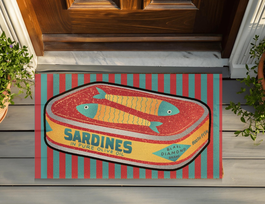 Vintage Sardine Outdoor Rug - Coastal Patio Mat, Nautical Outdoor Decor ...