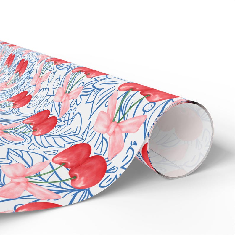 Gift Wrap, Blue and White Grandmillenial Cherry Print Wrapping Paper ...