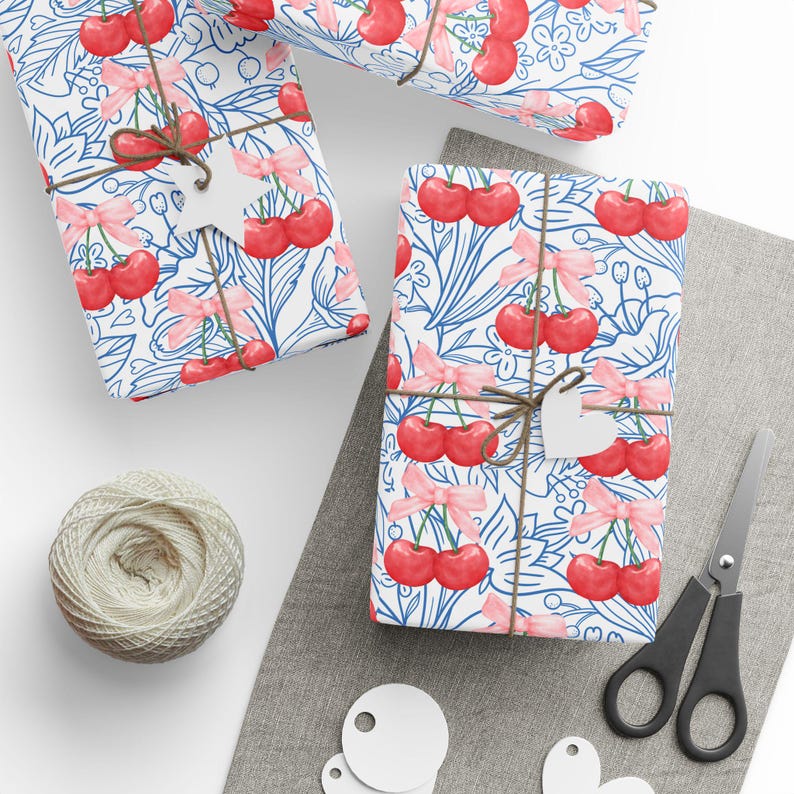 Gift Wrap, Blue and White Grandmillenial Cherry Print Wrapping Paper ...