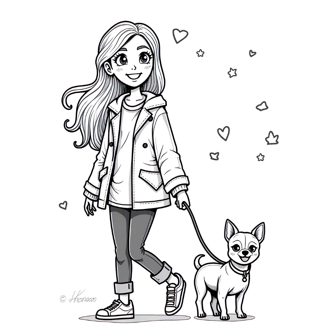 Coloring Page - Girl With a Dog, Download - Etsy