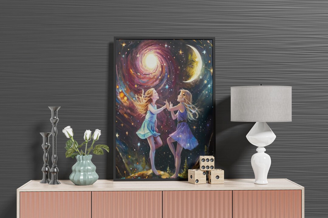 Whimsical Cosmic Adventure Framed Poster of Sisters - Two Girls in ...