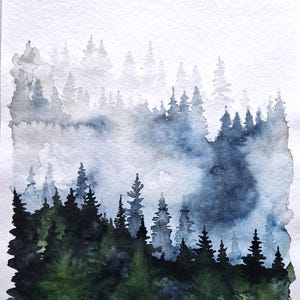 Foggy Pine Forest Original Watercolor - Magic Misty Woods Painting ...