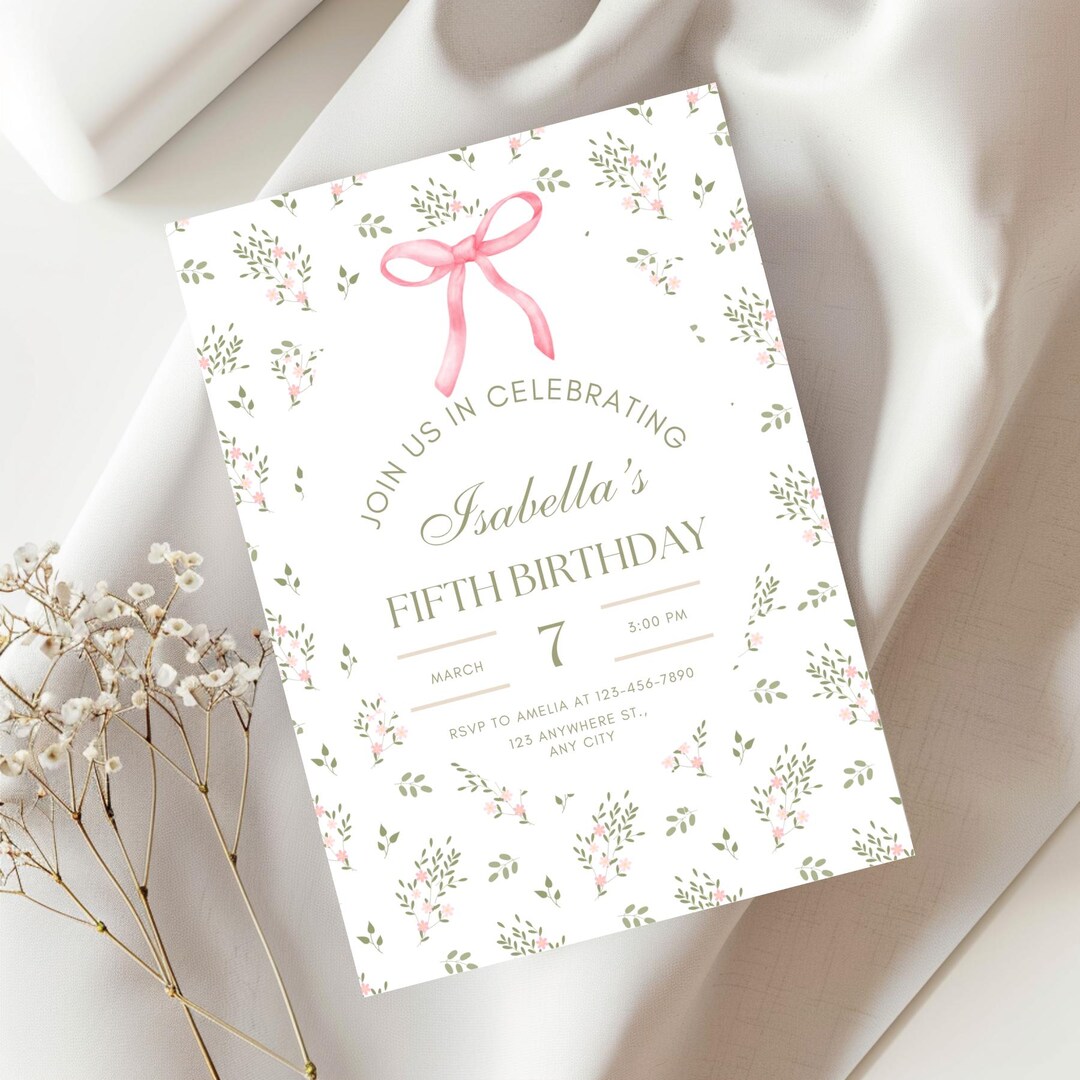 Floral and Bow X Love Shack Fancy Inspired Birthday Invitation Editable ...