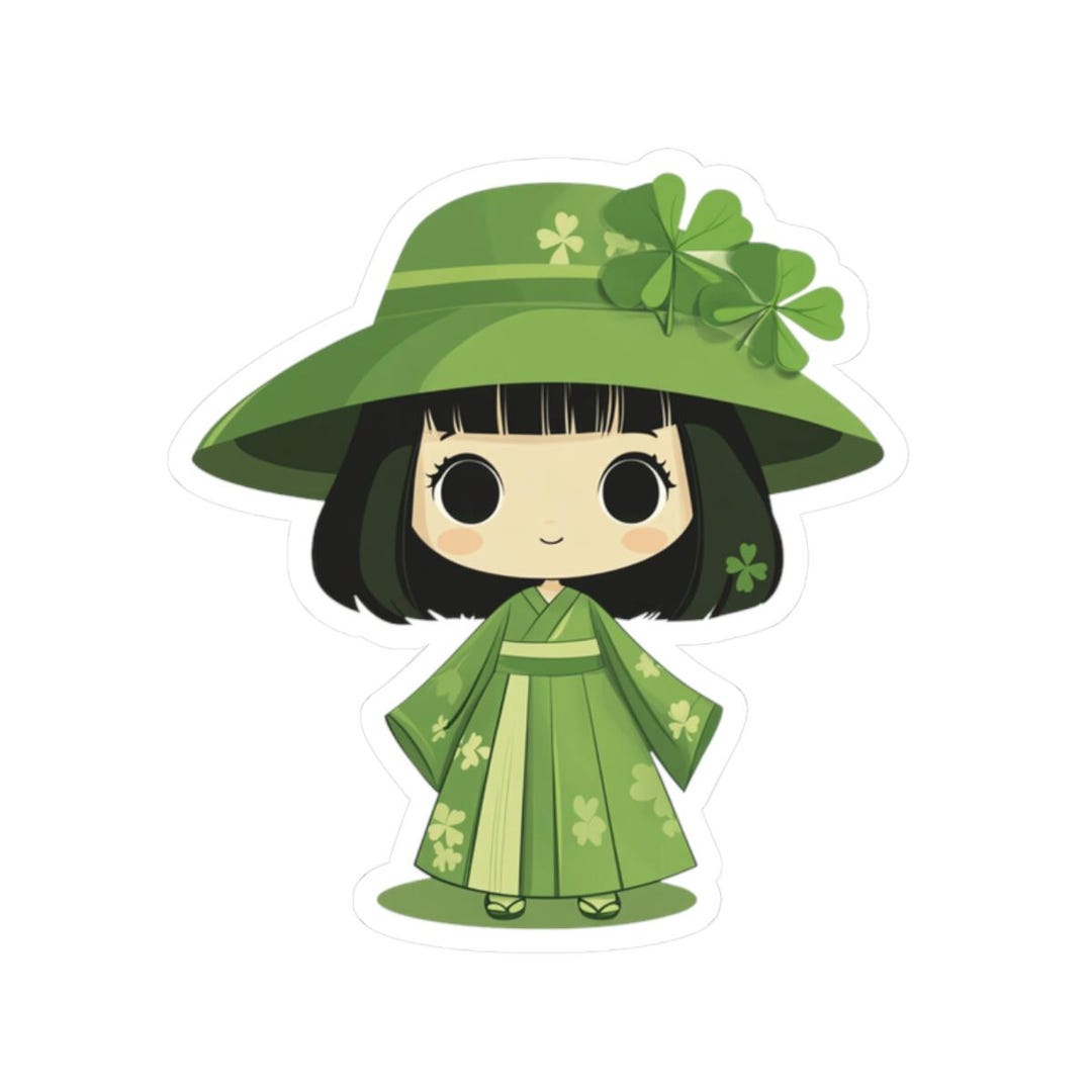 Kawaii Japanese Girl Sticker, Shamrock Kimono Decal Cute Anime Vinyl ...