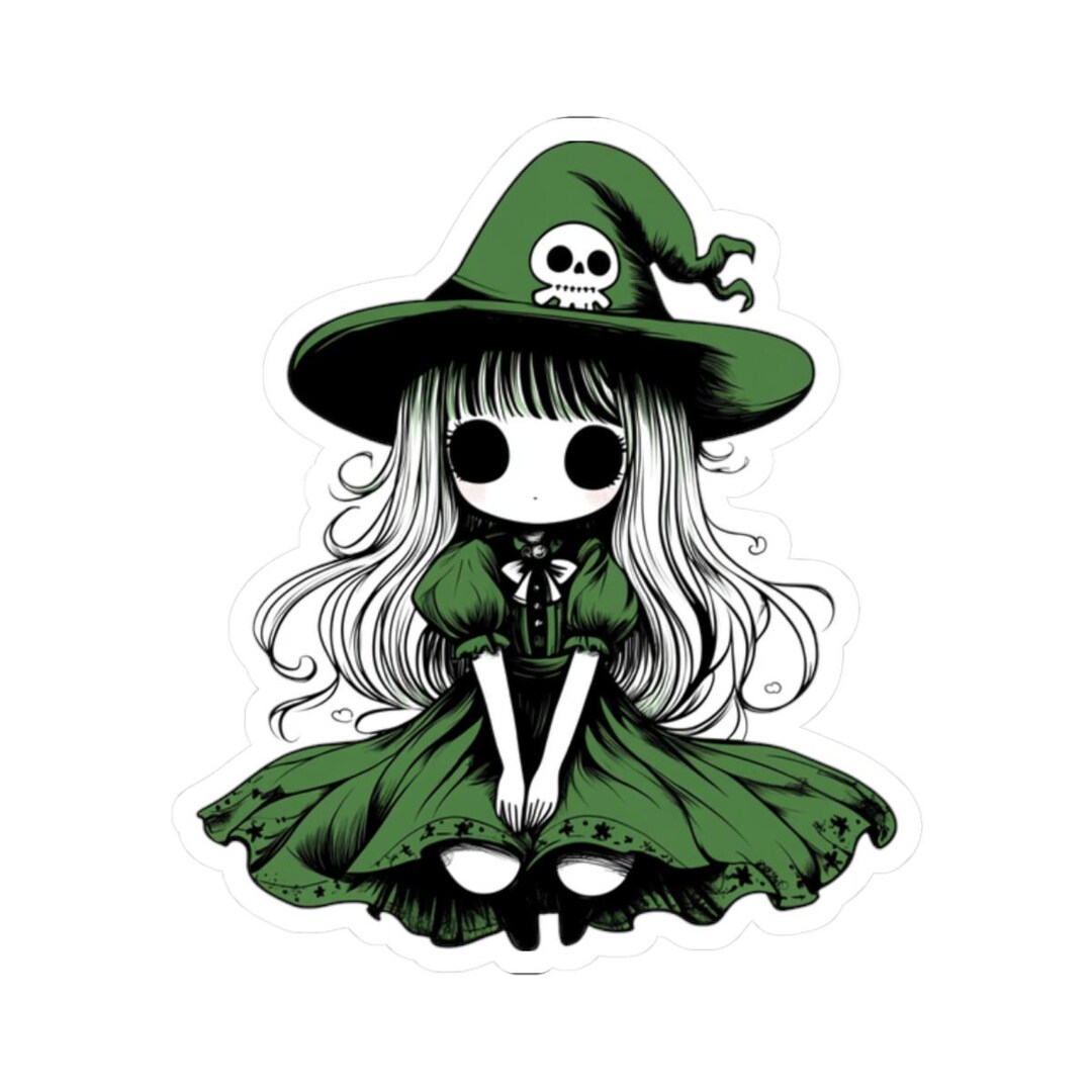 Kawaii Ghost Girl Sticker, Witch Hat and Big Dress Decal Cute Spooky ...
