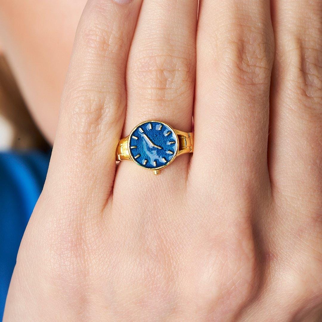 14K Gold Clock Ring, Gold Watch Ring, Time Piece Ring, Colorful Watch ...