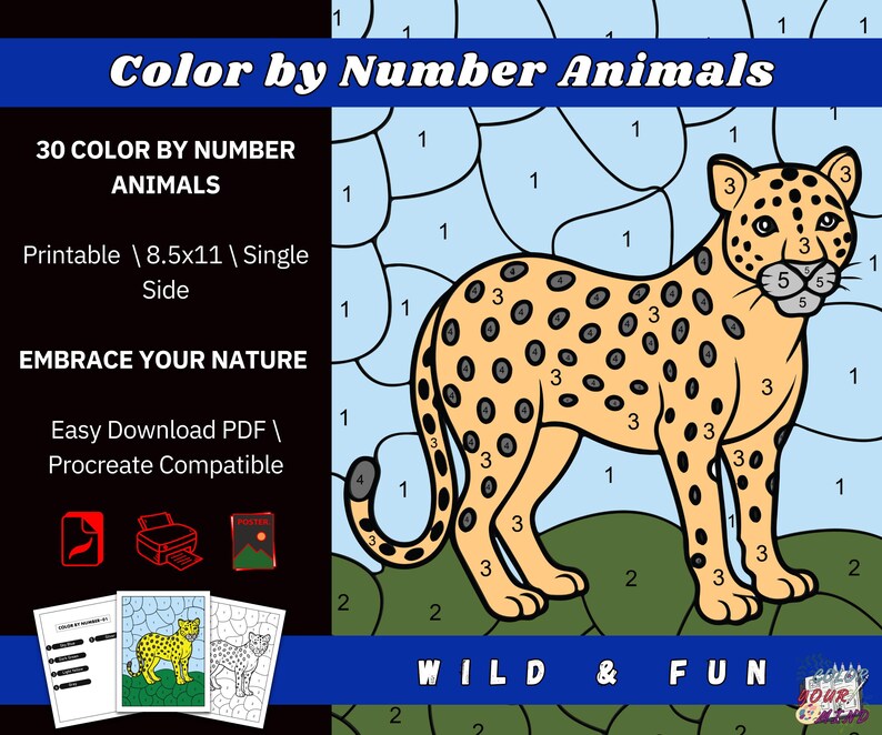 Color by Number Animals Digital Coloring Book | Procreate Compatible ...