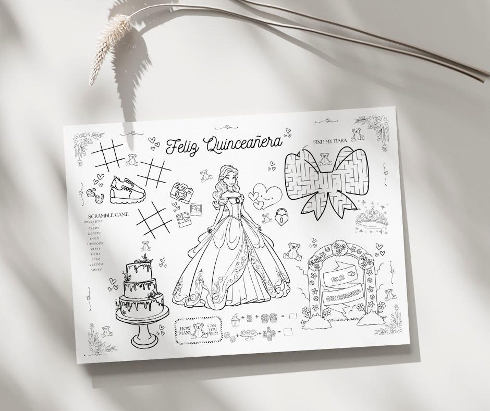 Quinceanera Coloring Page: Kids' Party Activity Placemat (printable PDF ...