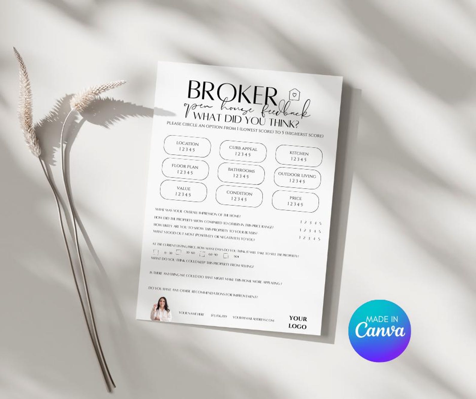 Real Estate Broker Open Feedback Form Editable Template for Realtor ...