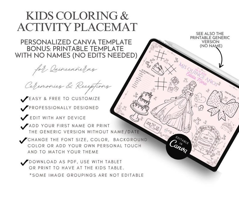 Quinceañera Coloring Page Placemat: Editable Kids' Party Activity ...