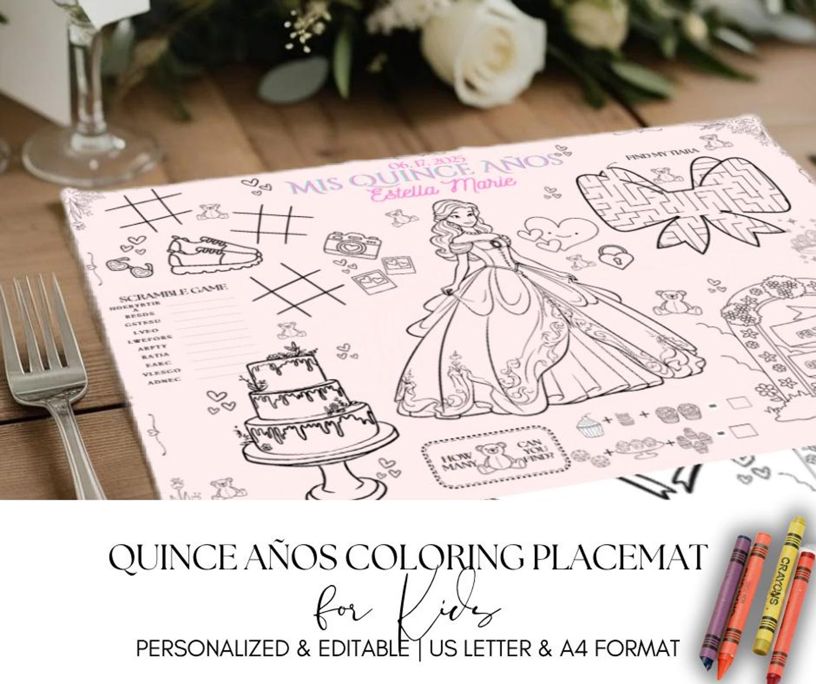 Quinceañera Coloring Page Placemat: Editable Kids' Party Activity ...