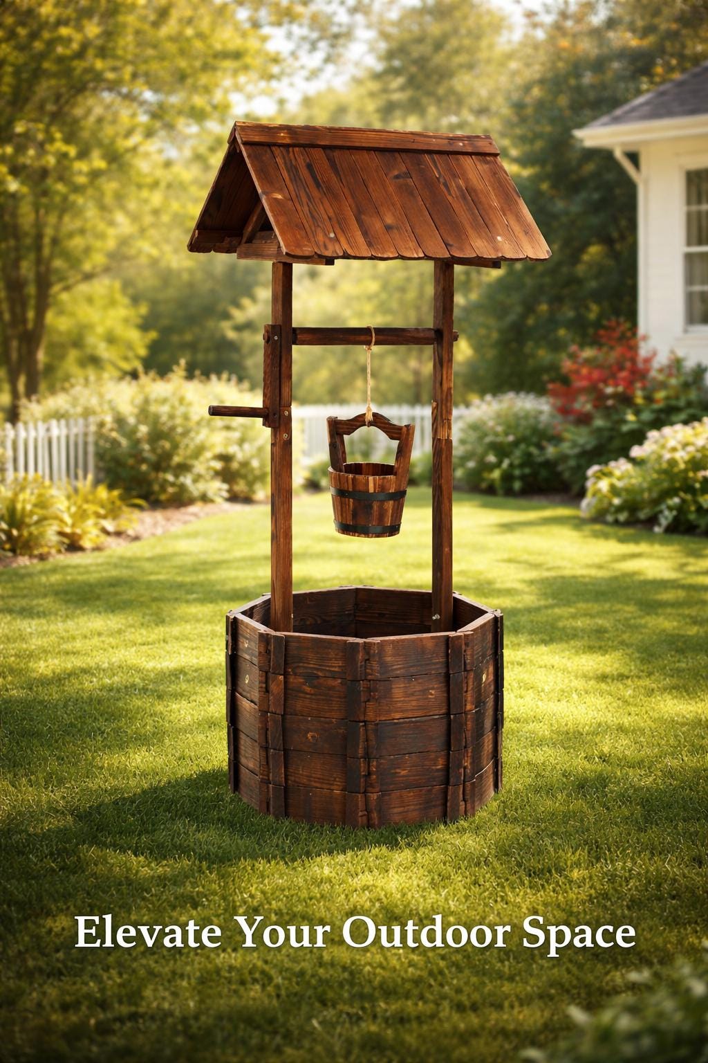 Rustic Wooden Garden Well Planter Outdoor Yard Decor Large Farmhouse ...