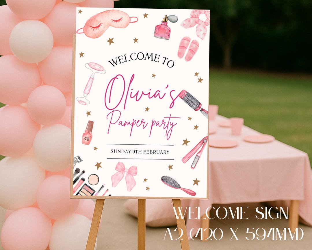 Pink Pamper Party Birthday Sign, Pretty in Pink Pamper Party Welcome ...