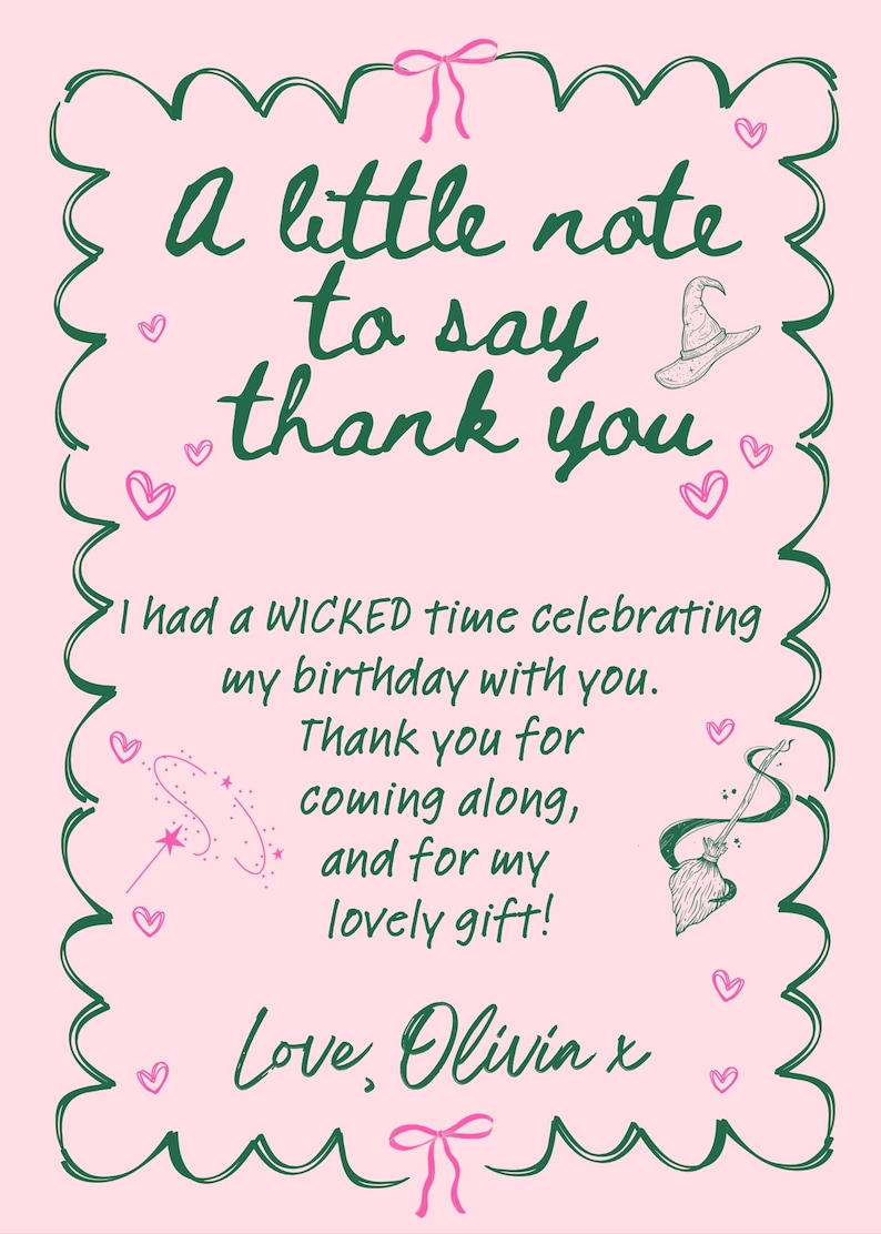Wicked Birthday Thank You Card: Pink & Green, Editable Canva Template ...