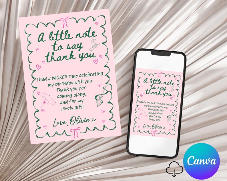 Wicked Birthday Thank You Card: Pink & Green, Editable Canva Template ...