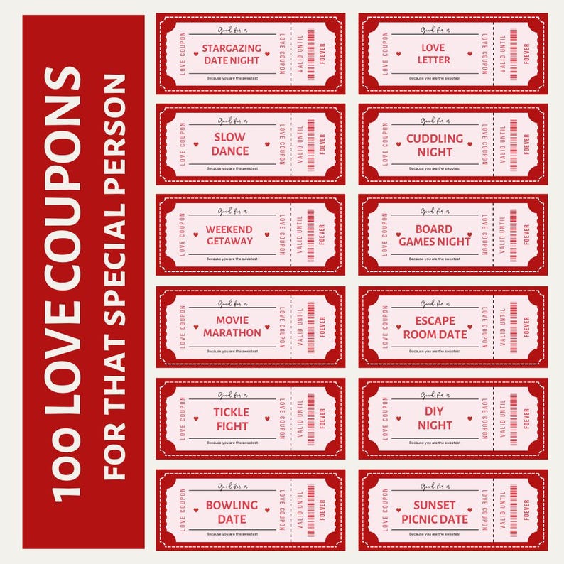 100 Editable Love Coupons Template for Couples | Printable Romantic ...
