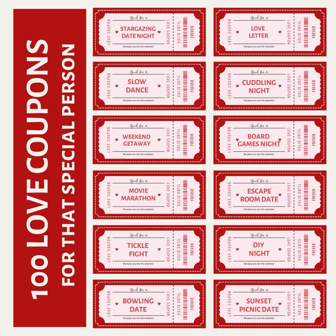 100 Editable Love Coupons Template for Couples | Printable Romantic ...