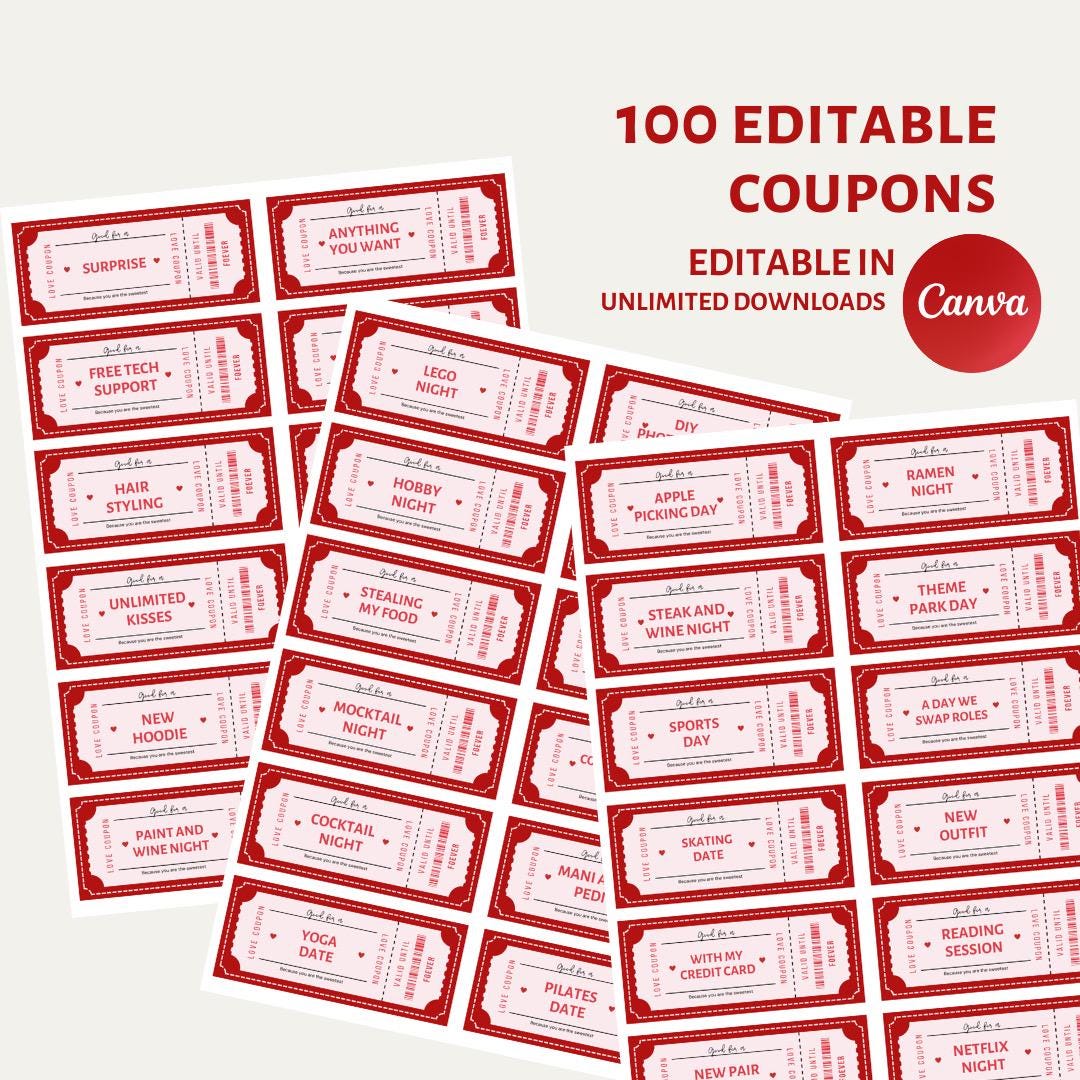 100 Editable Love Coupons Template for Couples | Printable Romantic ...