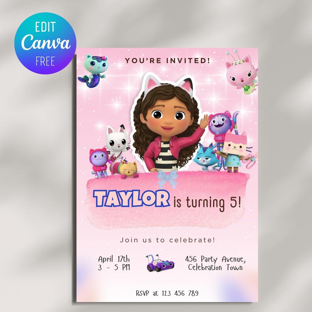 Editable Gabby's Dollhouse Birthday Invitation, Gabby's House ...