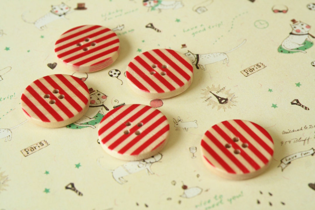 Set 4 RED Craft Ideas Stripe Printed Wood Round Buttons - Etsy