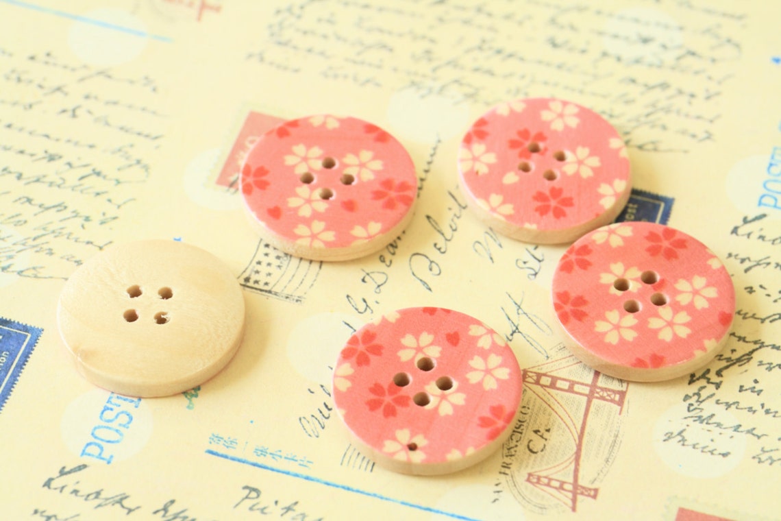 Set 7 PINK Craft Ideas Flower Printed Wood Round Buttons - Etsy
