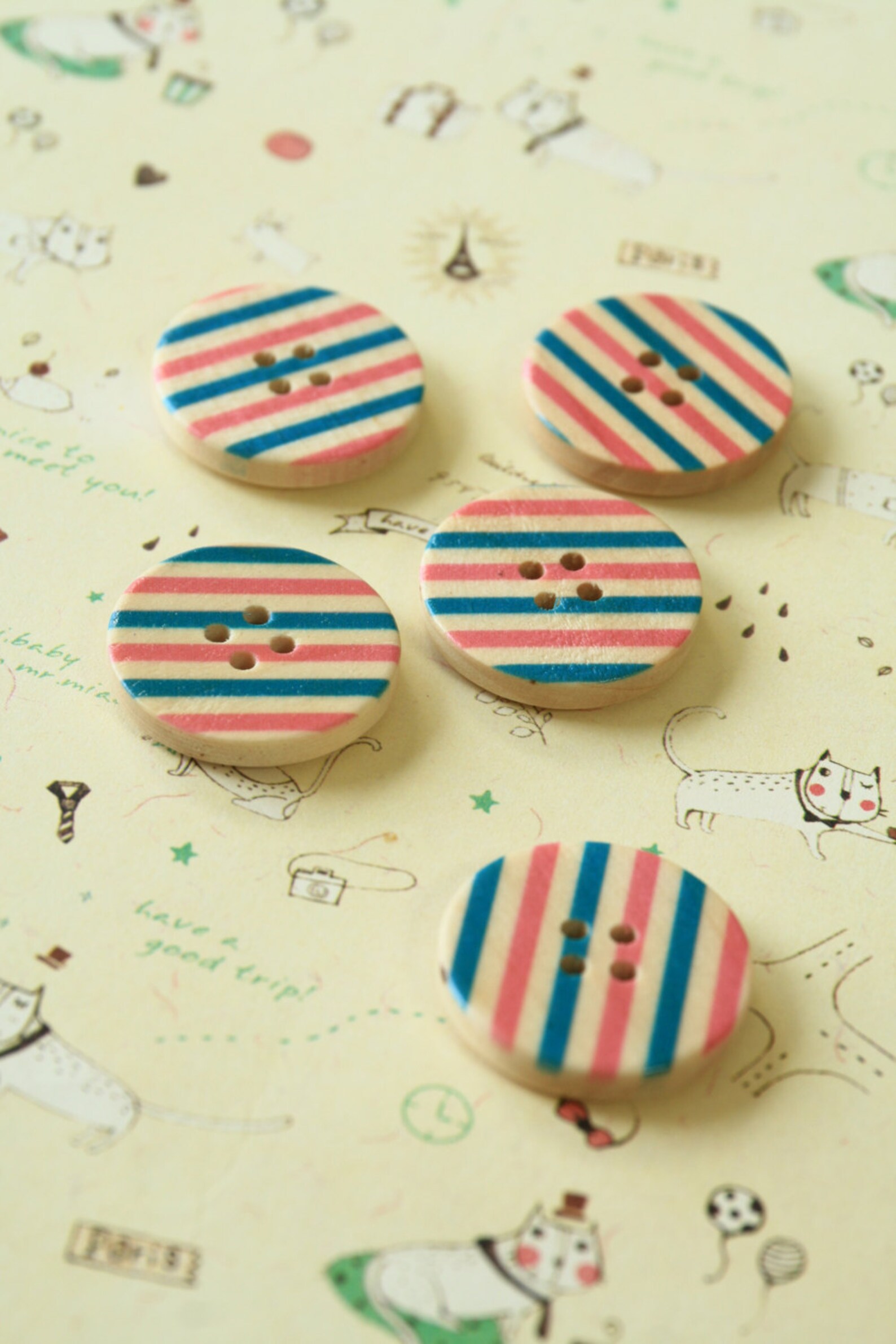 Set 1 BLUE & PINK Craft Ideas Stripe Printed Wood Round Buttons - Etsy