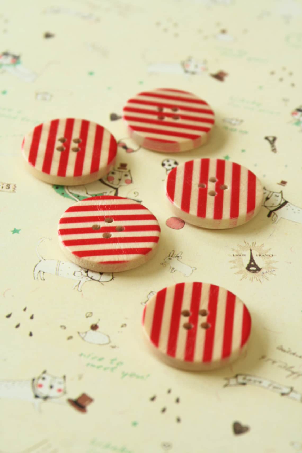 Set 4 RED Craft Ideas Stripe Printed Wood Round Buttons | Etsy