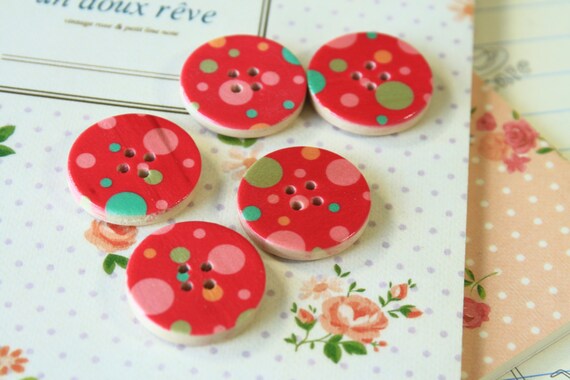 Set 8 RED Craft Ideas Dotty Printed Wood Round Buttons | Etsy