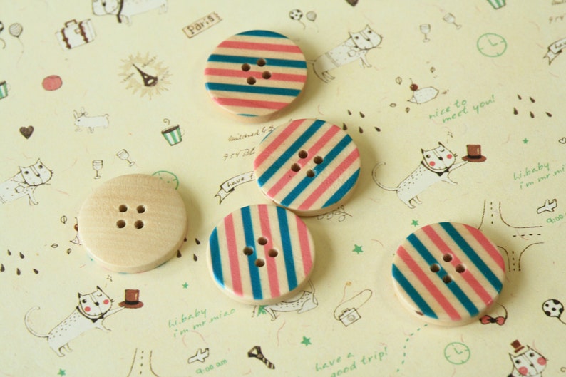 Set 1 BLUE & PINK Craft Ideas Stripe Printed Wood Round Buttons - Etsy