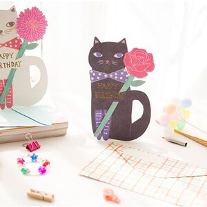 Cat & Flower Cartoon Blank Greeting Cards - Etsy