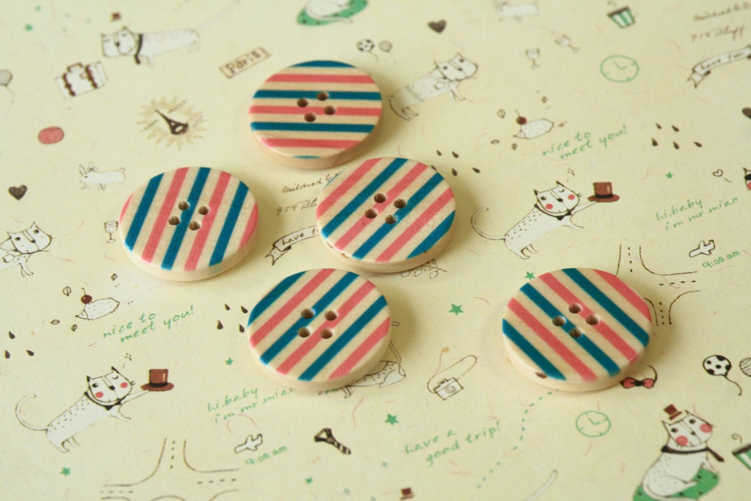 Set 1 BLUE & PINK Craft Ideas Stripe Printed Wood Round Buttons - Etsy