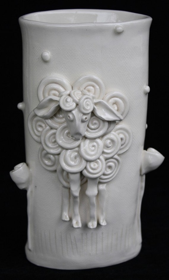 Items similar to Sheep with Roses White Clay Vase on Etsy
