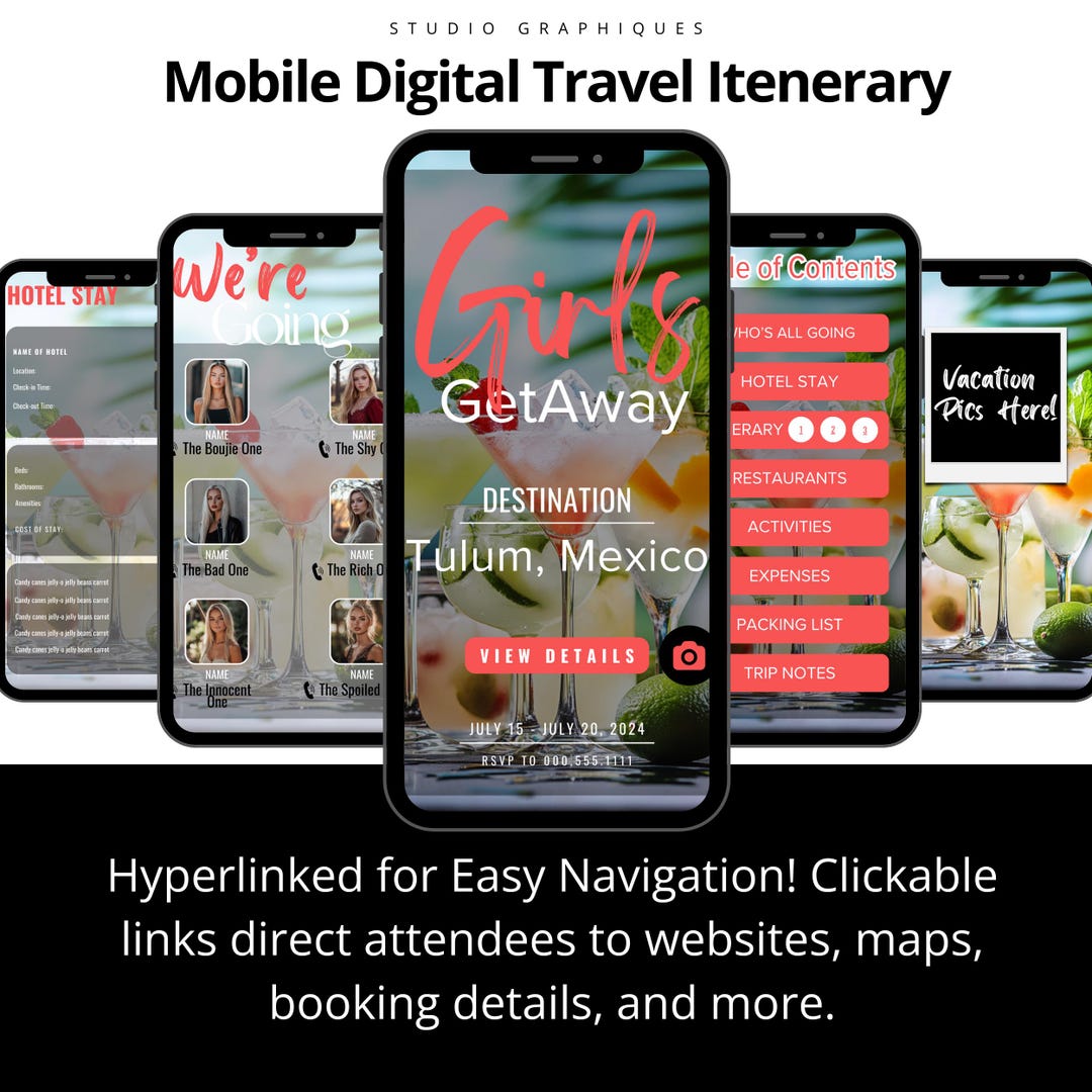 Digital Vacation Travel Itinerary Template, Fully Editable Hyperlinked ...