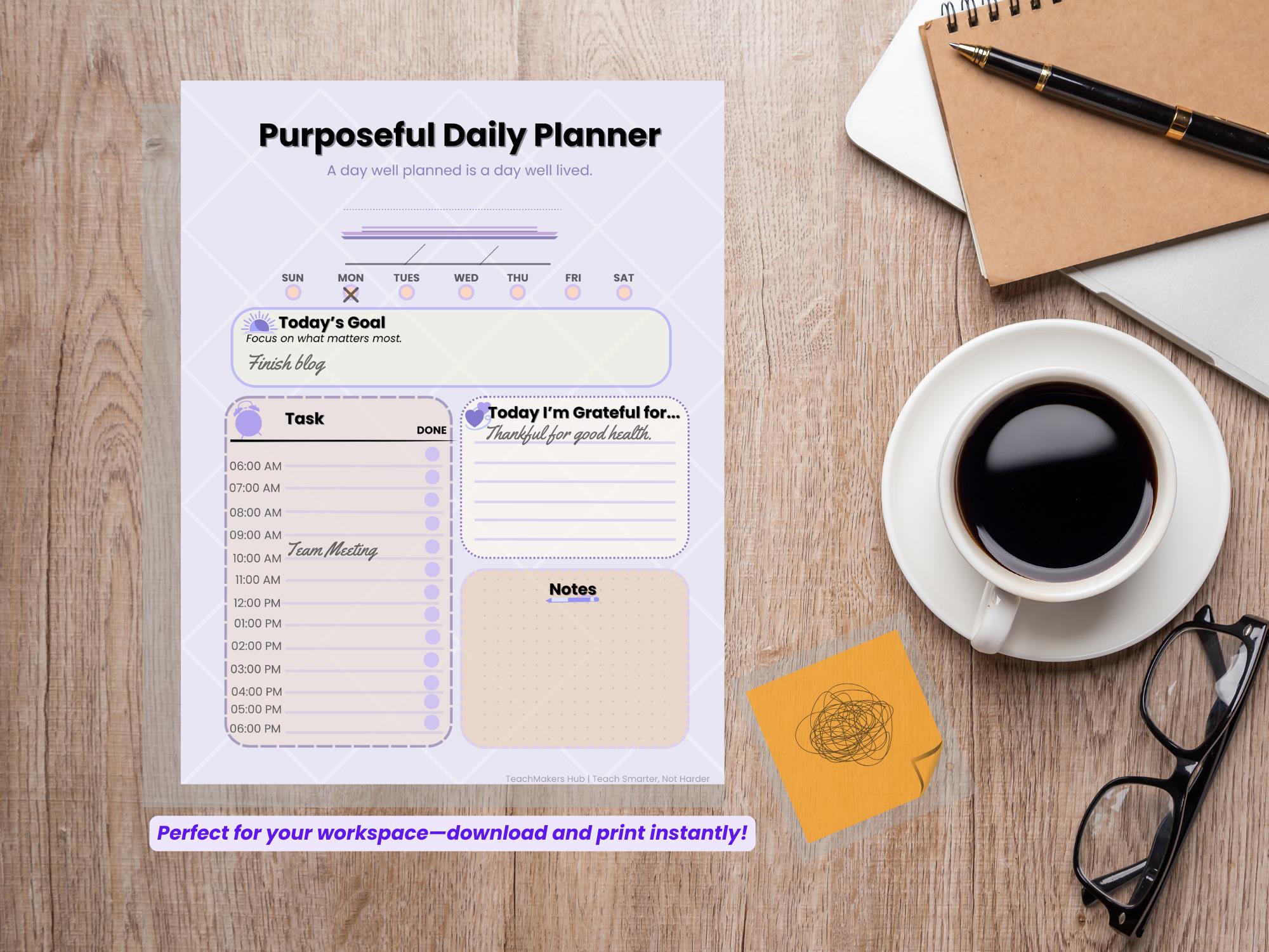 Purposeful Daily Planner Printable PDF | Undated Day Planner | 1-page ...