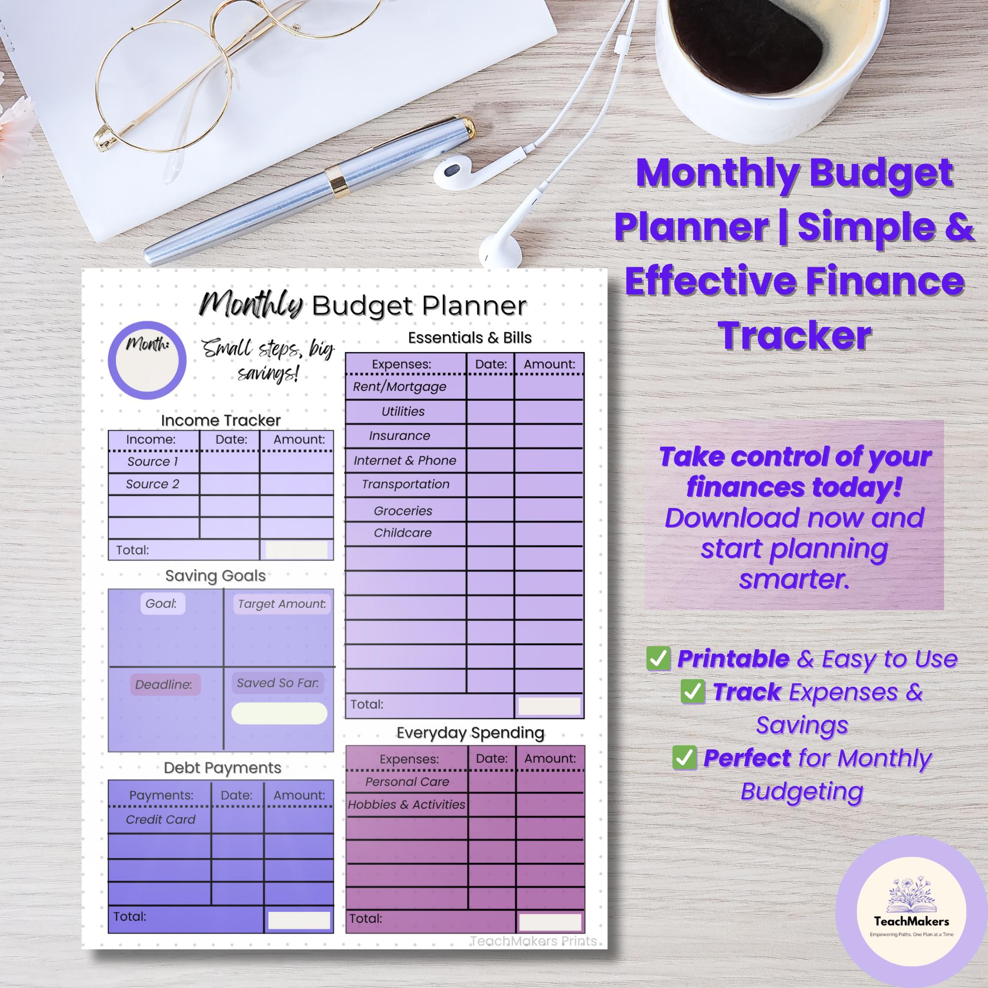 Monthly Budget Planner | Printable Finance Tracker | Budget Worksheet ...