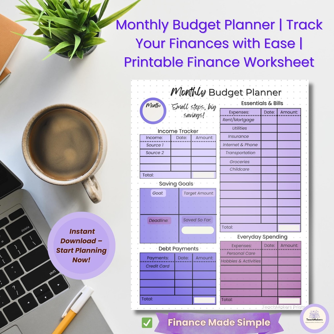 Monthly Budget Planner | Printable Finance Tracker | Budget Worksheet ...