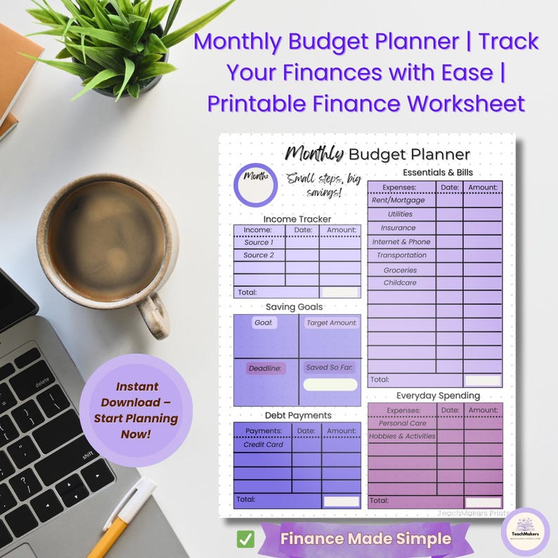Monthly Budget Planner | Printable Finance Tracker | Budget Worksheet ...