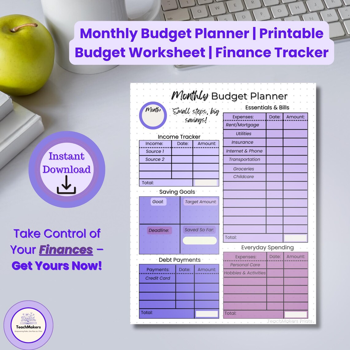 Monthly Budget Planner | Printable Finance Tracker | Budget Worksheet ...