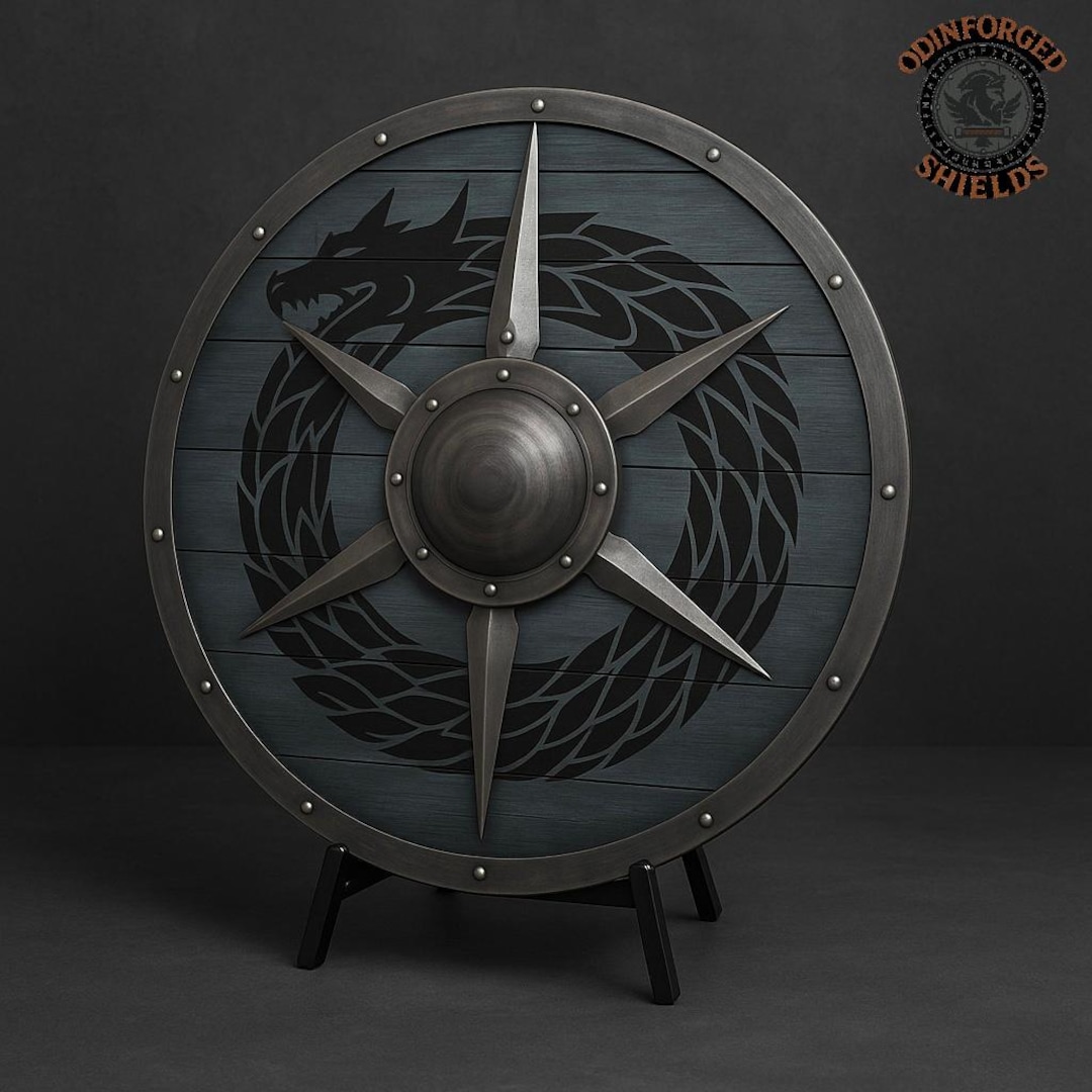 The Ouroboros Sentinel – Viking Round Shield With Black Dragon Serpent ...