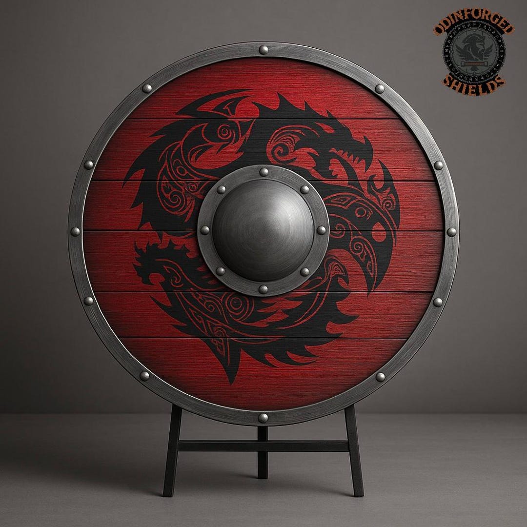 Viking Dragon Shield Wall Decor – Red Wooden Norse Shield – Handcrafted ...