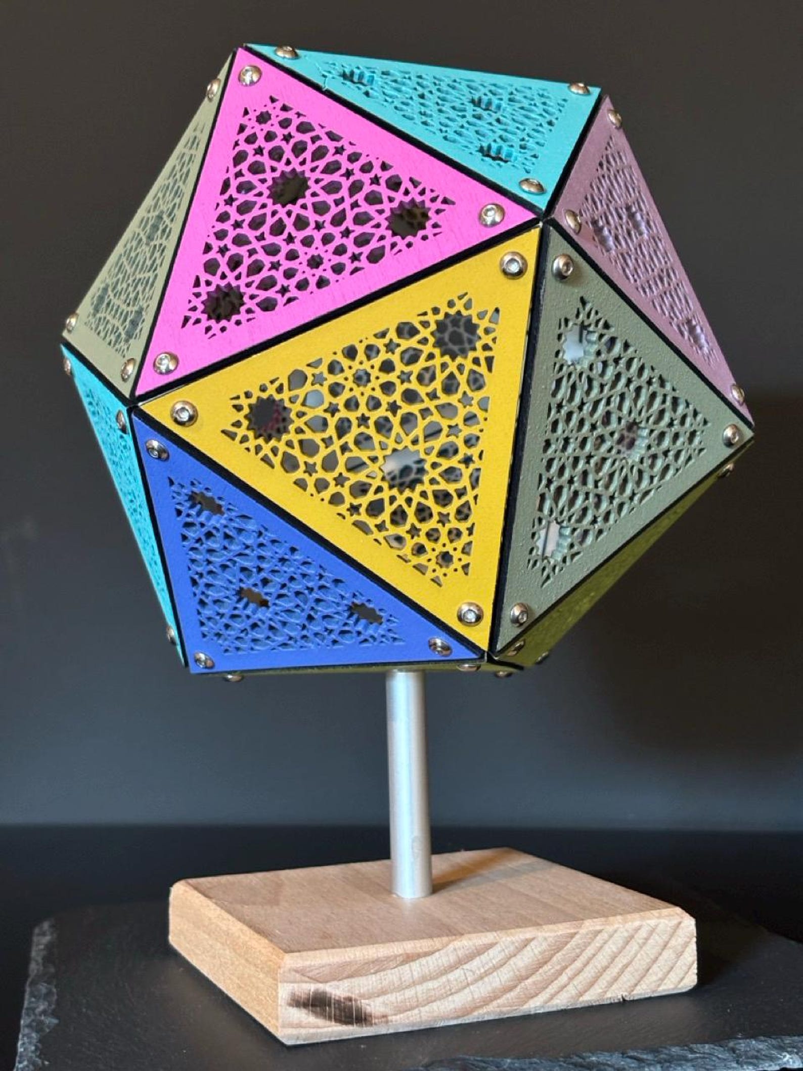 Unique Wood Icosahedron (20 Faces) Geometrical Sculpture, Seven Colors ...