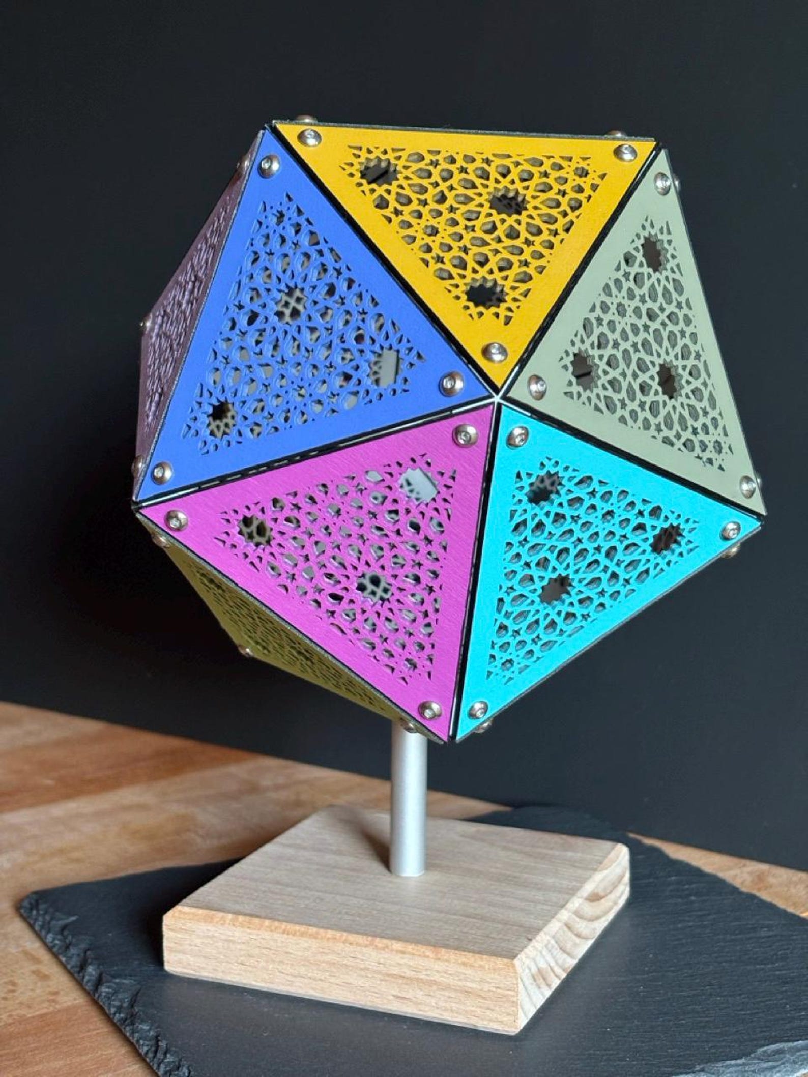 Unique Wood Icosahedron (20 Faces) Geometrical Sculpture, Seven Colors ...