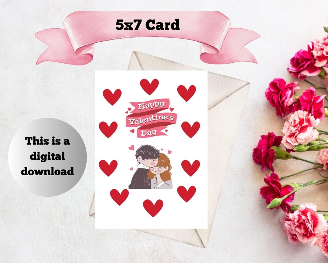 Happy Valentines Day Card Cute Boy and Girl Cartoon Couple Digital Love ...